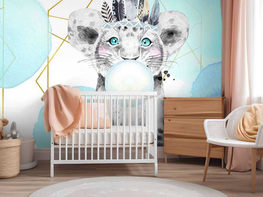 Wallpaper Mural - Indian lion cub with bubble gum bell - Photo Wallpaper