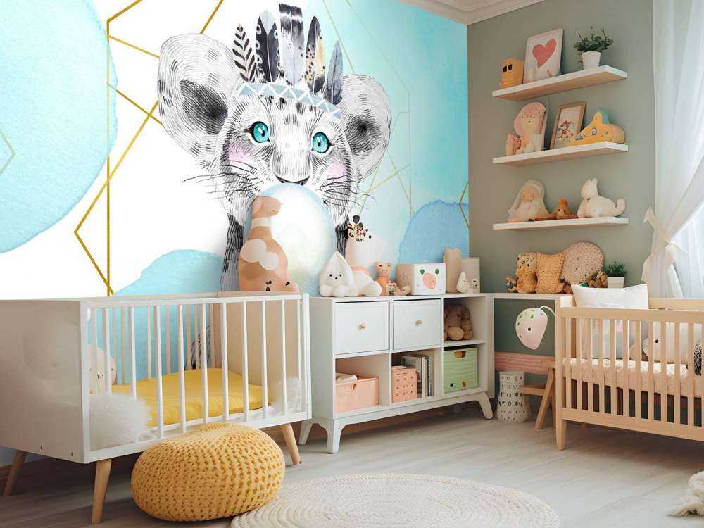 Wallpaper Mural - Indian lion cub with bubble gum bell - Photo Wallpaper