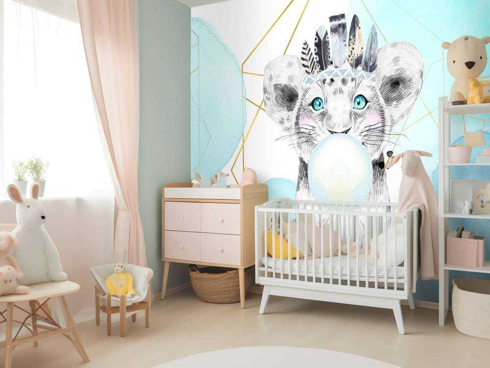 Wallpaper Mural - Indian lion cub with bubble gum bell - Photo Wallpaper